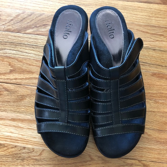Rialto | Shoes | Rialto Black Wedge Sandals Slip On Strappy | Poshmark